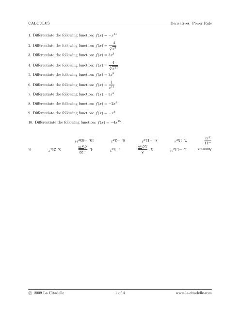 CALCULUS Derivatives. Power Rule 1. Differentiate ... - La Citadelle