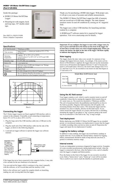 HOBO U9 Motor On/Off Data Logger Manual