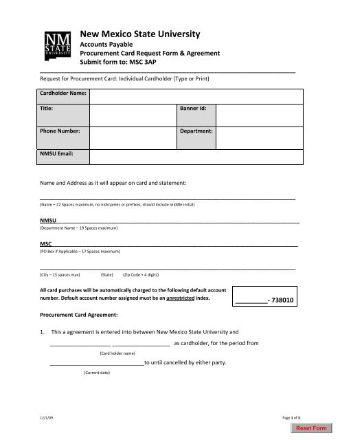 P-Card Request Form and Agreement - New Mexico State University