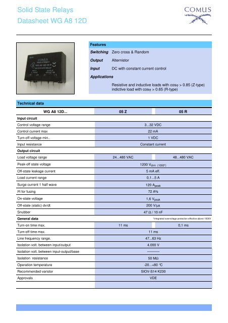 Datasheet WG A8 12D Solid State Relays - Tasseron