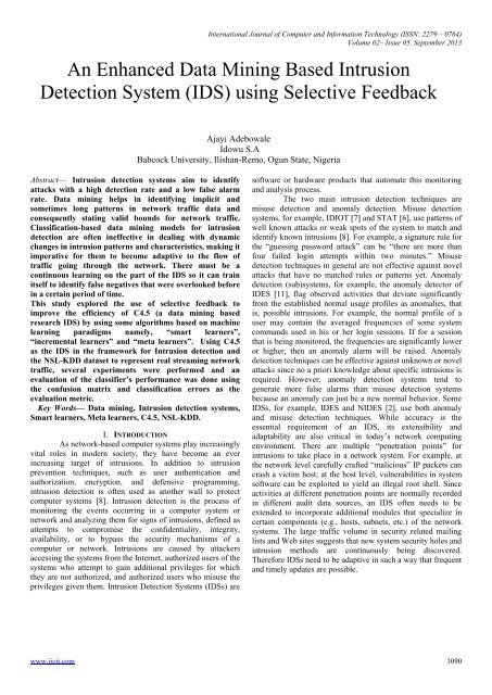 An Enhanced Data Mining Based Intrusion Detection System ... - IJCIT
