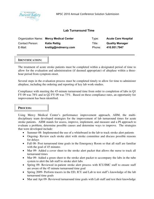 Lab Turnaround Time - Maryland Patient Safety Center
