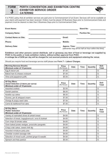 form perth convention and exhibition centre exhibitor service order ...