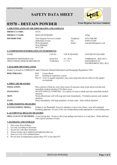 safety data sheet 03570 destain powder - Trust Hygiene Services