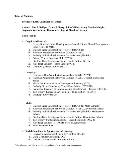 Table of Contents I. Profiles of Early Childhood - Child Care and ...