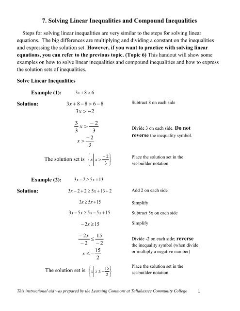 7. Solving Linear Inequalities and Compound Inequalities 7. Solving Linear Inequalities and Compound Inequalities