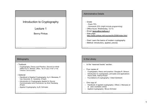 Introduction to Cryptography Lecture 1 - of Benny Pinkas