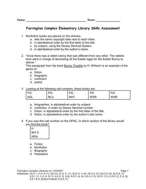 Farrington Complex Elementary Library Skills Assessment