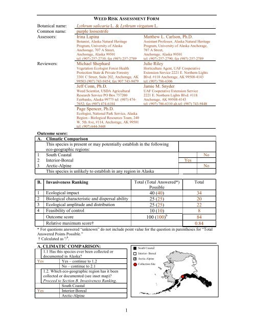 AQIS Weed Risk Assessment - Alaska Natural Heritage Program