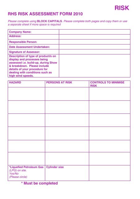 RHS RISK ASSESSMENT FORM 2010 - Royal Highland Show