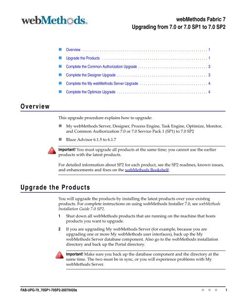 Overview Upgrade the Products - Software AG Documentation