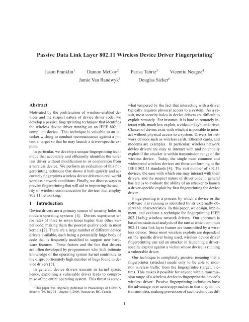 Passive Data Link Layer 802.11 Wireless Device Driver Fingerprinting