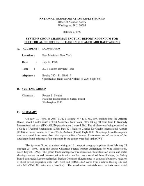 Electrical Short Circuit/Arcing of Aged Aircraft Wiring