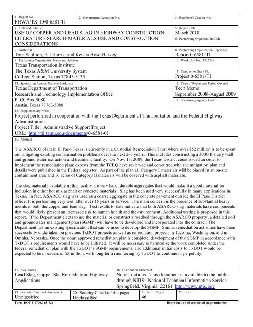 Use of Copper and Lead Slag in Highway Construction