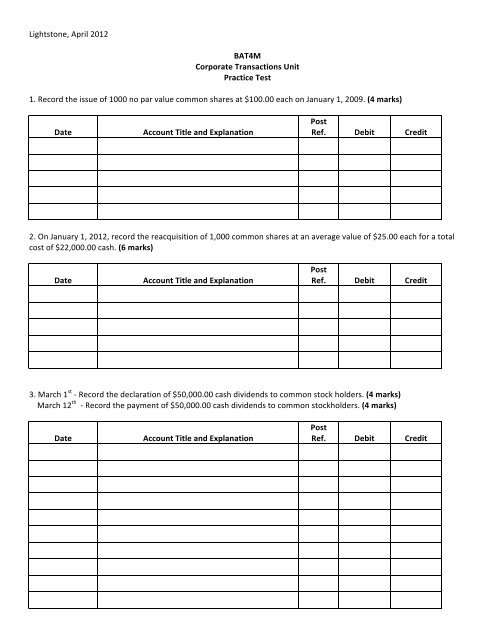 Corporations - Journal Entries Practice Test - New Learner