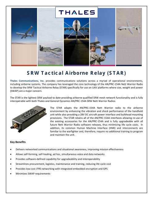 SRW Tactical Airborne Relay (STAR) - Thales Communications, Inc.