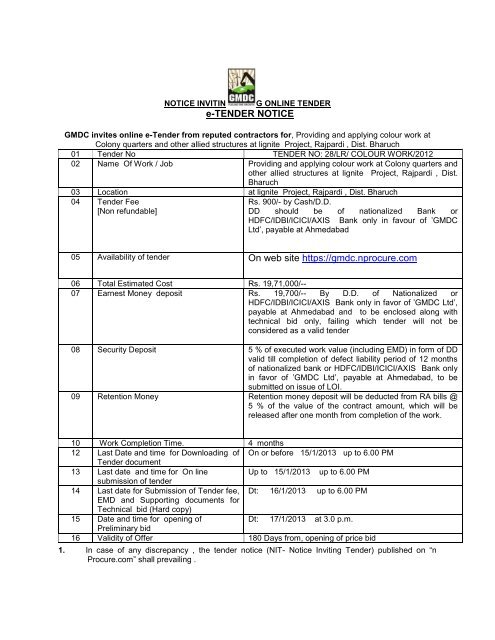e-TENDER NOTICE On web site https://gmdc.nprocure.com
