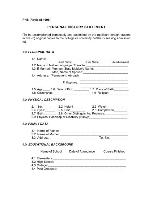 Top 49 Imagen Personal Background Personal History Statement Sample Thpthoanghoatham edu vn