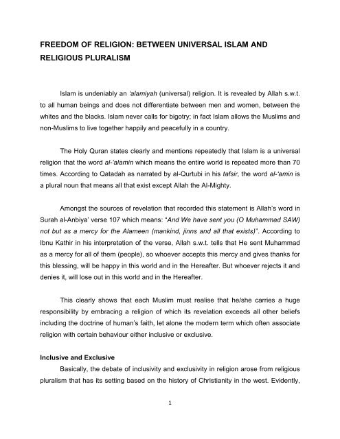 freedom of religion: between universal islam and religious pluralism