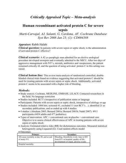 Critically Appraised Topic – Meta-analysis Human recombinant ...