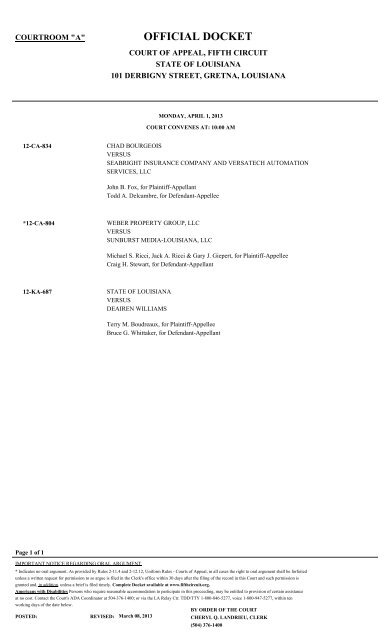 OFFICIAL DOCKET - Fifth Circuit Court of Appeal