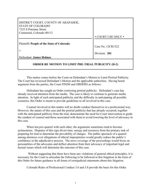 Order Re Motion to Limit Pre-Trial Publicity