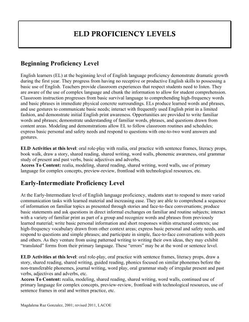 ELD Proficiency Levels - LACOE > Curriculum & Instruction ... ELD Proficiency Levels - LACOE > Curriculum & Instruction ...