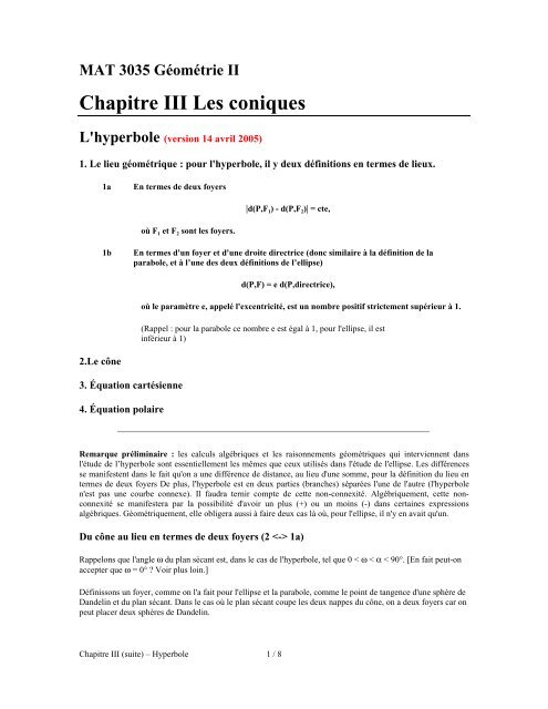 Notes de cours sur l'hyperbole