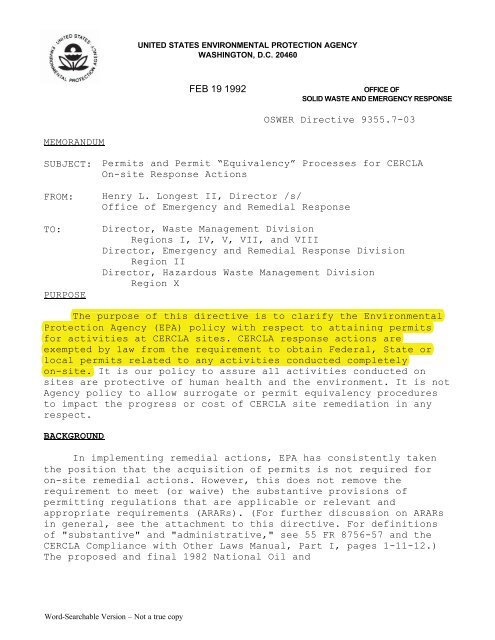 Permits and Permit "Equivalency" Processes for CERCLA On-Site ...