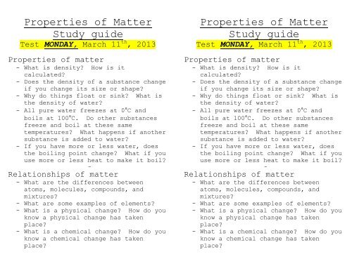 Properties of Matter Study guide Properties of Matter Study guide