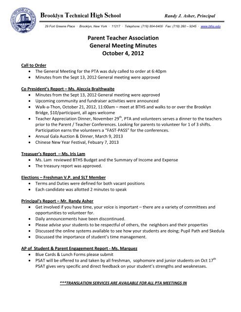 Parent Teacher Association General Meeting Minutes October 4, 2012