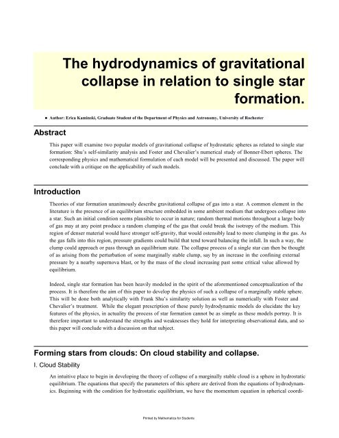 The hydrodynamics of gravitational collapse in relation to single star ...