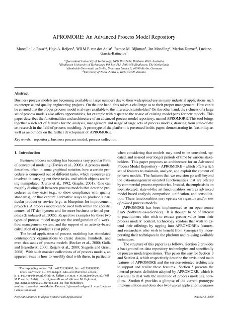 APROMORE: An Advanced Process Model Repository - BPM Center