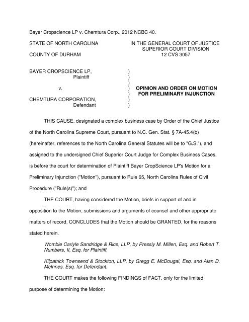 Bayer Cropscience LP v. Chemtura Corp., 2012 NCBC 40. STATE ...