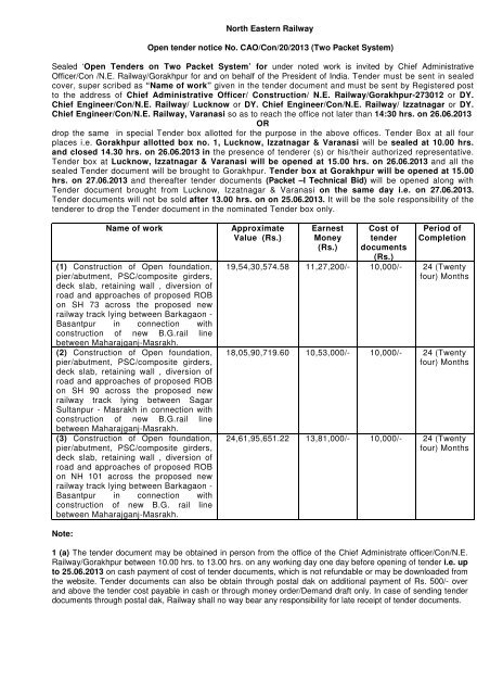 Open Tenders on Two Packet System - North Eastern Railway