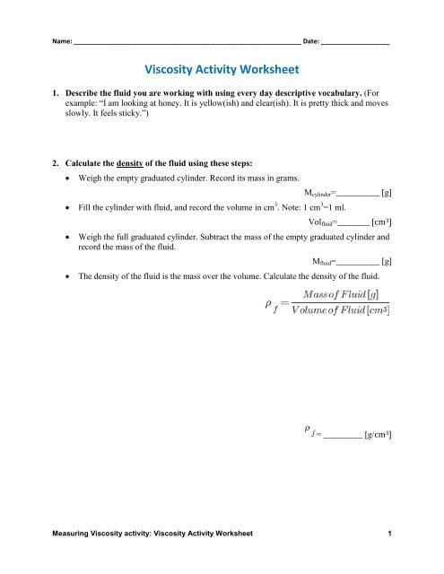 Viscosity Activity Worksheet - Teach Engineering