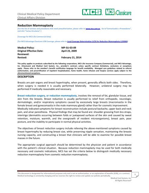 Reduction Mammaplasty - MCS a