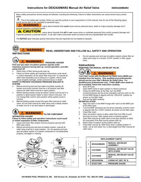 Hayward DEX2420MAR2 Manual Air Relief Valve - Instruction Sheet