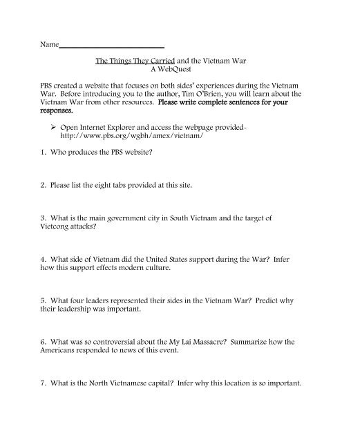 Vietnam Webquest Worksheet