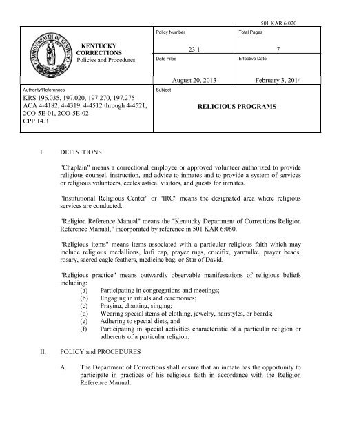 23.1 Religious Programs - Kentucky Department of Corrections