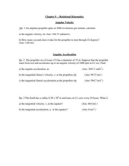 Chapter 9 â Rotational Kinematics Angular Velocity Qu 1 An