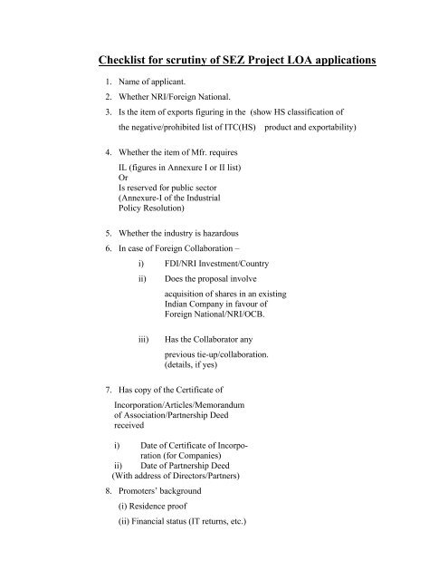 Checklist for scrutiny of SEZ Project LOA applications - Kasez.com