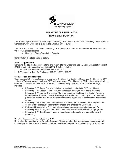 lifesaving cpr instructor transfer application - Lifesaving Society