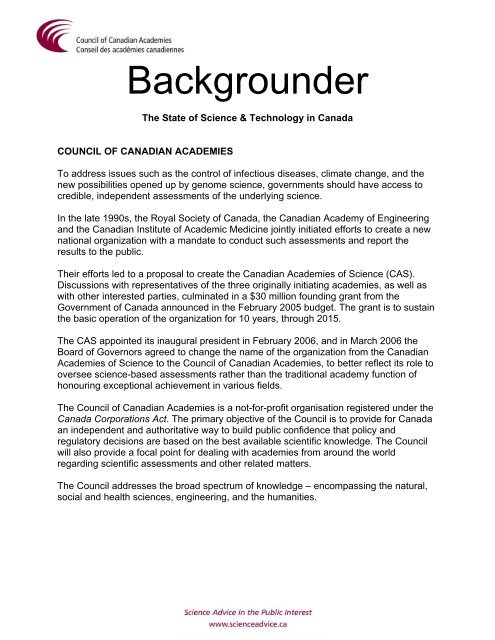 Backgrounder - Council of Canadian Academies