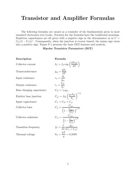 Transistor and Amplifier Formulas