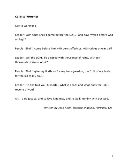 1 Calls to Worship Call to worship 1 Leader - Church of the Brethren