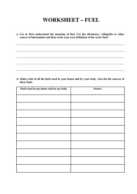 WORKSHEET â FUEL - Teachers of India