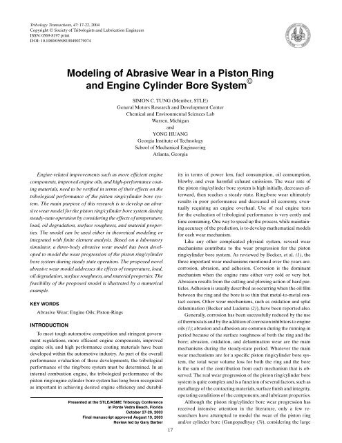 Modeling of Abrasive Wear in a Piston Ring and Engine Cylinder ...