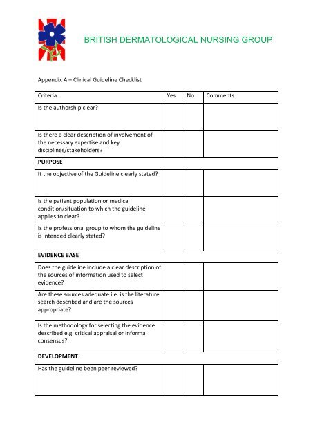 Clinical Guideline Checklist - BDNG