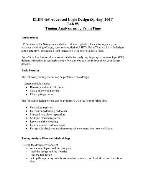 ELEN 468 Advanced Logic Design (Spring? 2001) Lab #8 Timing